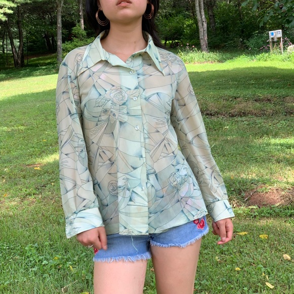 Vintage | Tops | Vintage Women Face And Rose Abstract Print Blouses ...